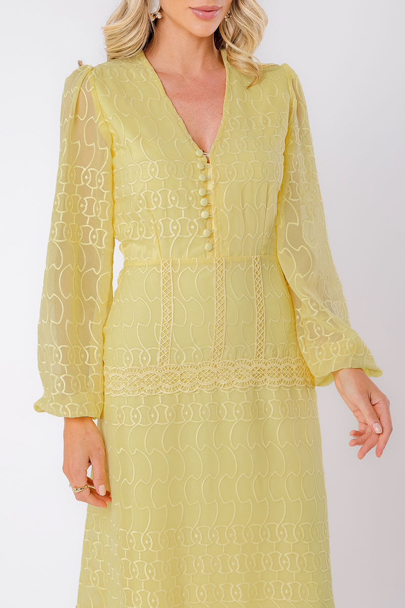 Vestido Longo Chiffon com Renda ML Amarelo| Oscar