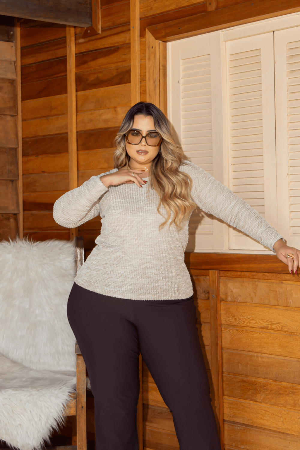 Blusa Manga 7/8 Malha Tweed Donna Plus Size Bege